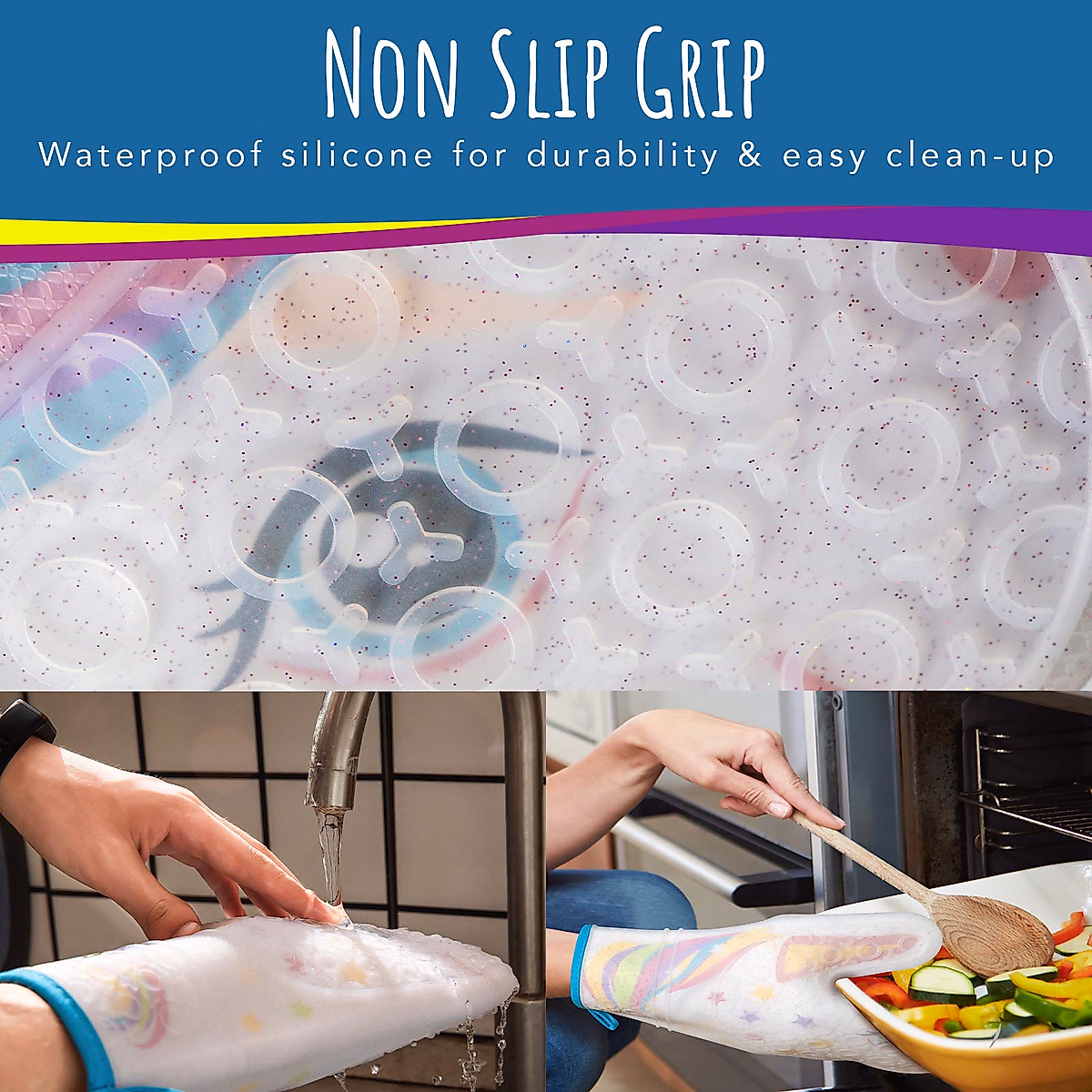 Gears Out Glitter Magic Unicorn Silicone Oven Mitt - Funny Oven Mitts - Heat Resistant Kitchen Glove, Soft Silicone, Quilted Fabric Lining