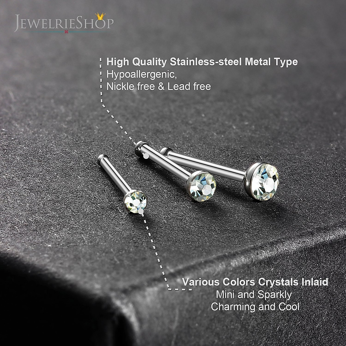 JEWELRIESHOP 60pcs Nose Ring Studs Stainless Steel CZ Nose Piercing Jewelry Bone Studs for Women Men Hypoallergenic 22G (1.6mm-2.5mm,White CZ)