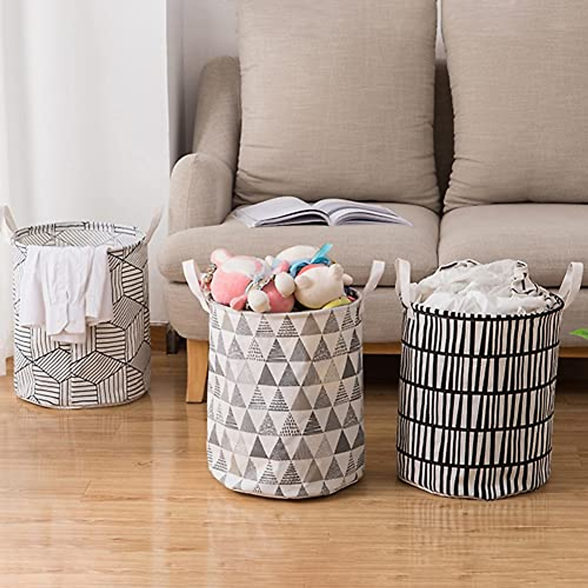 AOKID Round Laundry Hamper with Handles, Collapsible Laundry Basket Saving Space Clothes Storage Basket for Home Office Toy Organizer Grid