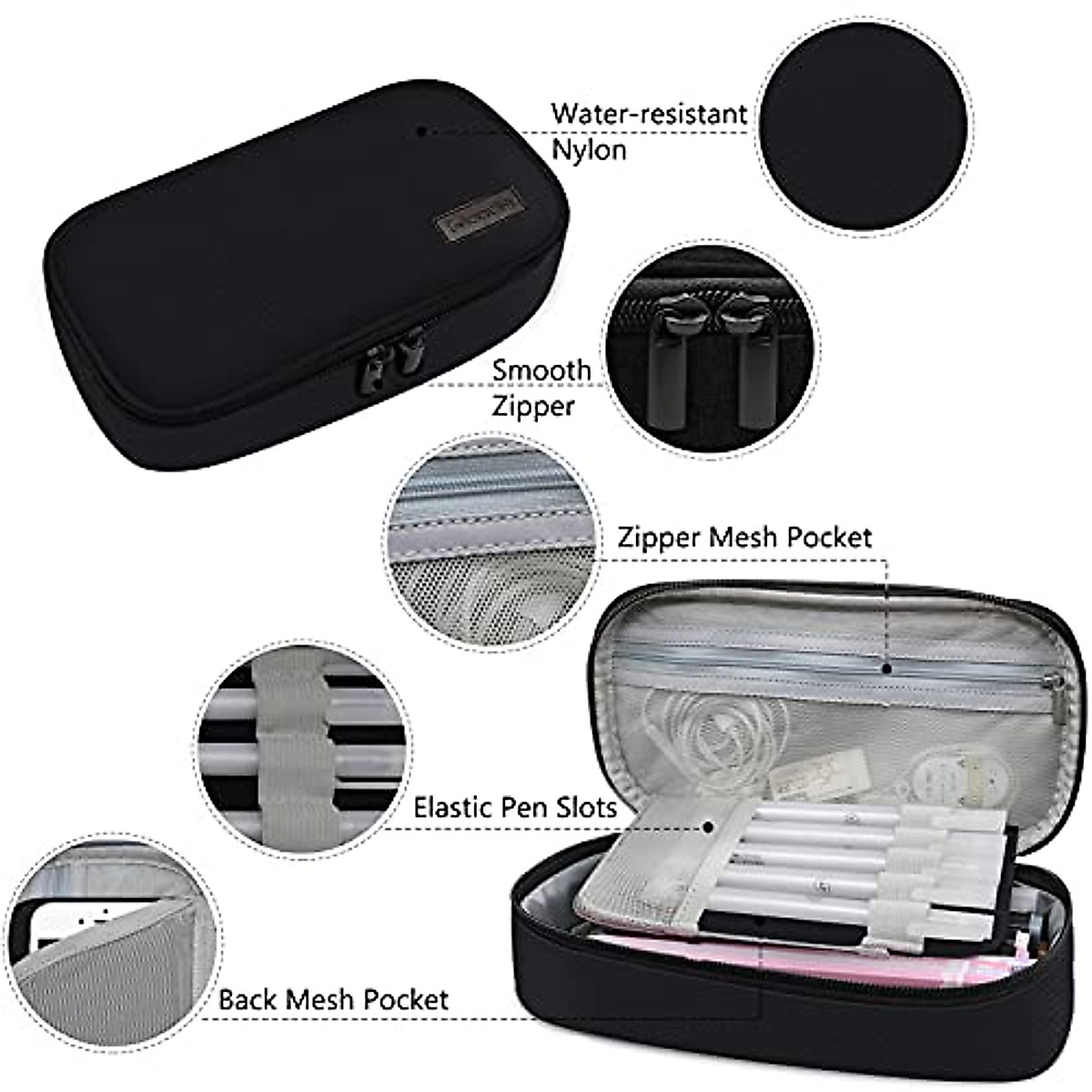 Pencil Case Pencil Bags with Zipper Pencil Pouch Pen Case Black Pen Box for Boys Girls Stationary Organizer for College Office Travel By Gloppie