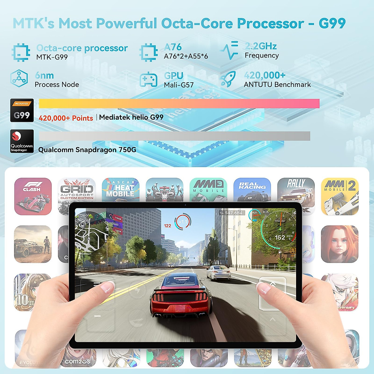 Headwolf 11 Inch Android Tablet, HPad3 Ultra 24GB RAM + 256GB ROM (TF 2TB) TÜV FHD 2K Display 2.2Ghz Octa Core G99 Gaming Tablet, 8MP+25MP Camera, 8500mAh Battery Fast Charge, 2.4G/5G WiFi+4G LTE