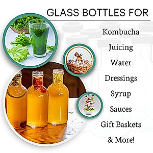 Set of 8oz Glass Bottles with Black Plastic Caps | Reusable Stout Flint Glass Bottles with Lids for Juicing, Kombucha, Liquids | Made in USA | 8 oz Glass Bottles (Total of 12)