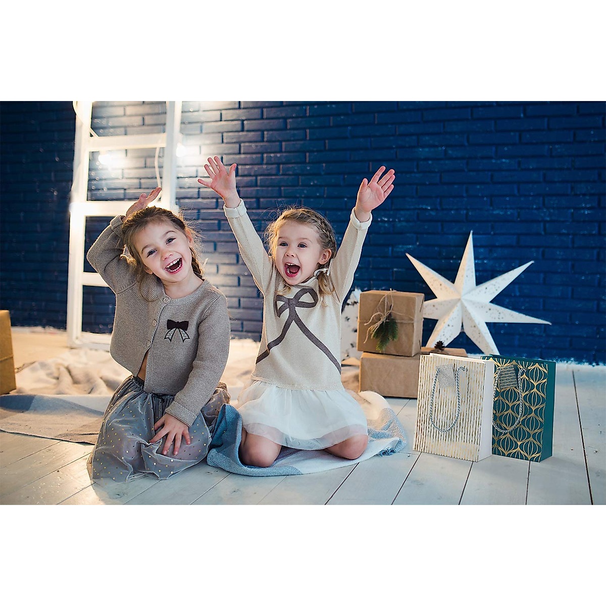 Arteza Gift Bags, 9.5 x7 x 3.4 Inches, Set of 15 with an Assortment of 2 Unique Metallic Foil Designs on 6 Kraft, 6 White, and 3 Blue Paper Bags, 3 of Each Style