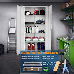 Yizosh Metal Garage Storage Cabinet with 2 Doors and 5 Adjustable Shelves - 71" Steel Lockable File Cabinet,Locking Tool Cabinets for Office,Home,Garage,Gym,School (White)