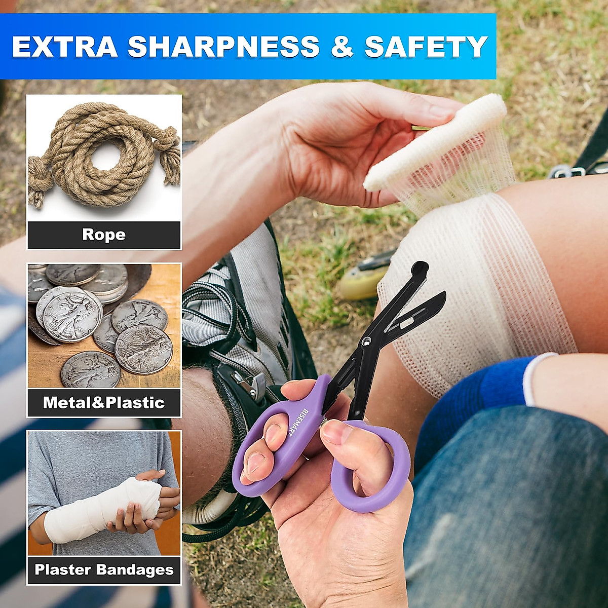 Trauma Shears, RISEMART Medical 7 1/4" Titanium-Bonded EMT Bandage Scissors and LED Pen Light with Pupil Gauge for Surgical Nursing Purposes(Gold and Silver)