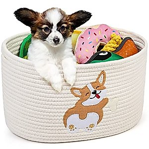 PrimePets Dog Toy Basket, Cotton Rope Storage Basket with Handles, 15x10x9 inch Dog Toy Bin, Puppy Bin, Small Laundry Basket for Kids, Gift for Dog Lovers