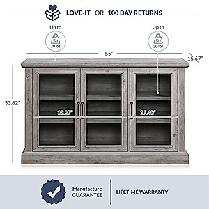 BELLEZE Sideboard Buffet Cabinet, 55” Entertainment Center Modern Wood Glass-Buffet-Sideboard with Storage Cabinet Console Table Adjustable Shelves for Dinning Room Living Room Hallway, Gray Wash