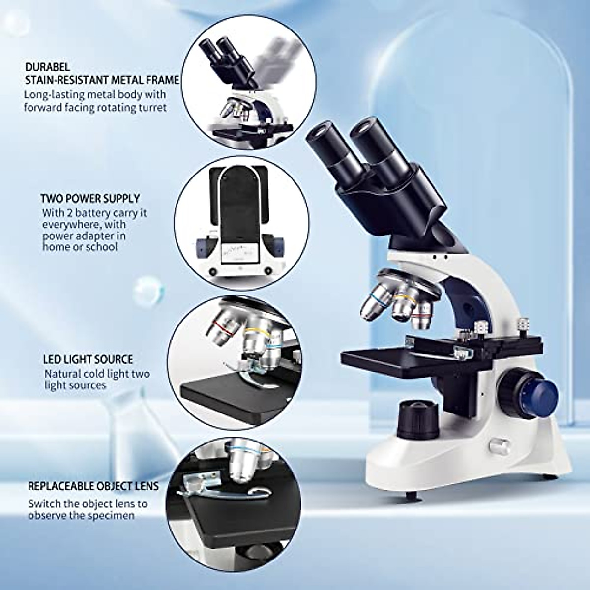 Binocular Microscope Adults 40X-1000X led Illumination Professional Compound Microscope for Kids Students Electric Eyepiece, Slides，Mobile Phone Holder…