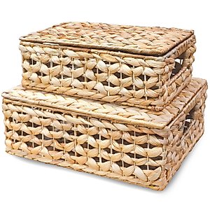 Wicker Storage Baskets with Lids - Set of 2 Rectangular Water Hyacinth Boxes, Natural Decor Organizer, Basket with Top, Multi-Use for Home and Shelf, Hyacinth Decorative Boxes for Effective Storage