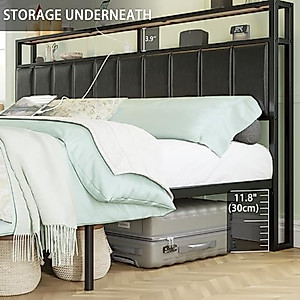 amerlife LED Bed Frame with Drawers, Full Platform Bed Frame with 2-Tier Storage & Leather Upholstered & Charging Station Headboard, No Box Spring Needed, Noise Free, Easy Assembly, Black