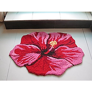 Morden Handmade Needlepoint Floor Rug Red Bathmat Flower Rug Girls Bedroom Non-Slip Rugs, Great Gift for Christmas (Hibiscus) 31.5" x 23.6"