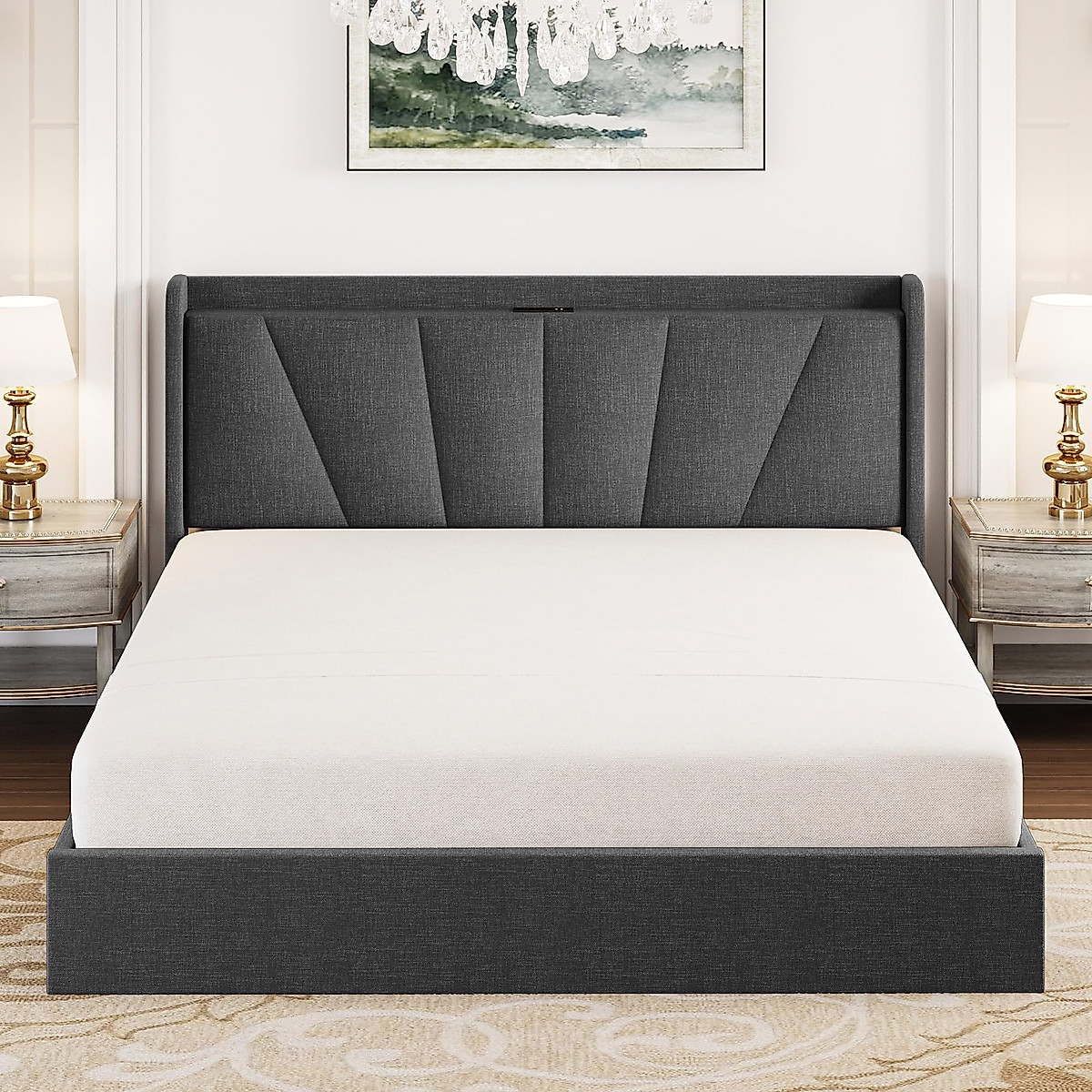 LIKIMIO King Bed Frame and Upholstered Headboard, Platform Bed with Storage Drawers and Outlets, Sturdy, Noiseless, No Box Spring Needed, Easy Assembly, Dark Gray