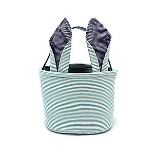 Easter Baskets Seersucker Easter Bunny Bag Bucket for Easter Egg Hunt Bunny Ears Design (Blue)