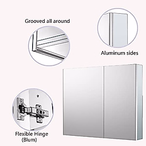 Sunrosa Aluminum Bathroom Medicine Cabinet with Mirror Door, 30"×27.5" Bathroom Mirror Cabinet, Wall-mountable and Recessed-in Mirror Cabinet, 2 Doors Medicine Cabinet Organizer II