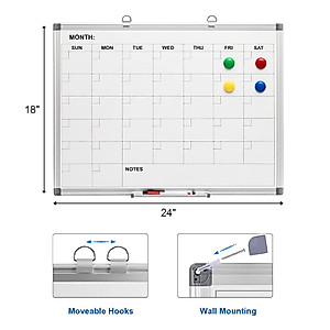 Comix Magnetic Dry Erase Calendar Whiteboard, 24 x 18 Inches Monthly Calendar Dry Erase Board for Wall, Aluminum Frame Planner White Board with Markers, Eraser, Magnets
