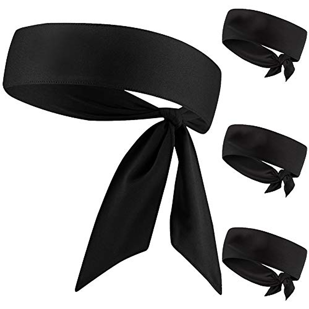 Black Head Tie Headband, Tie Up Sweatband for Tennis Sweat Hair Band Ninja Karate Pirates Basketball, Running, Workout for Men Women Boys Girls (Black 4 Pack)