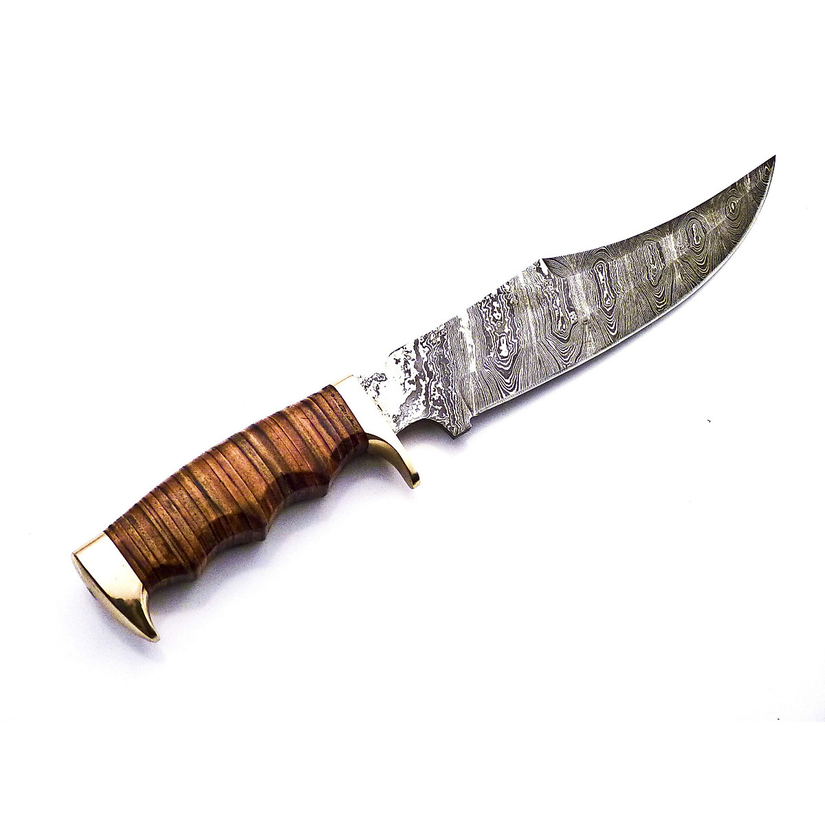 Skokie Knives Custom Hand Made Damascus Steel Hunting Knife Handle Leather Stacked with Brass Spacer (Stacked)