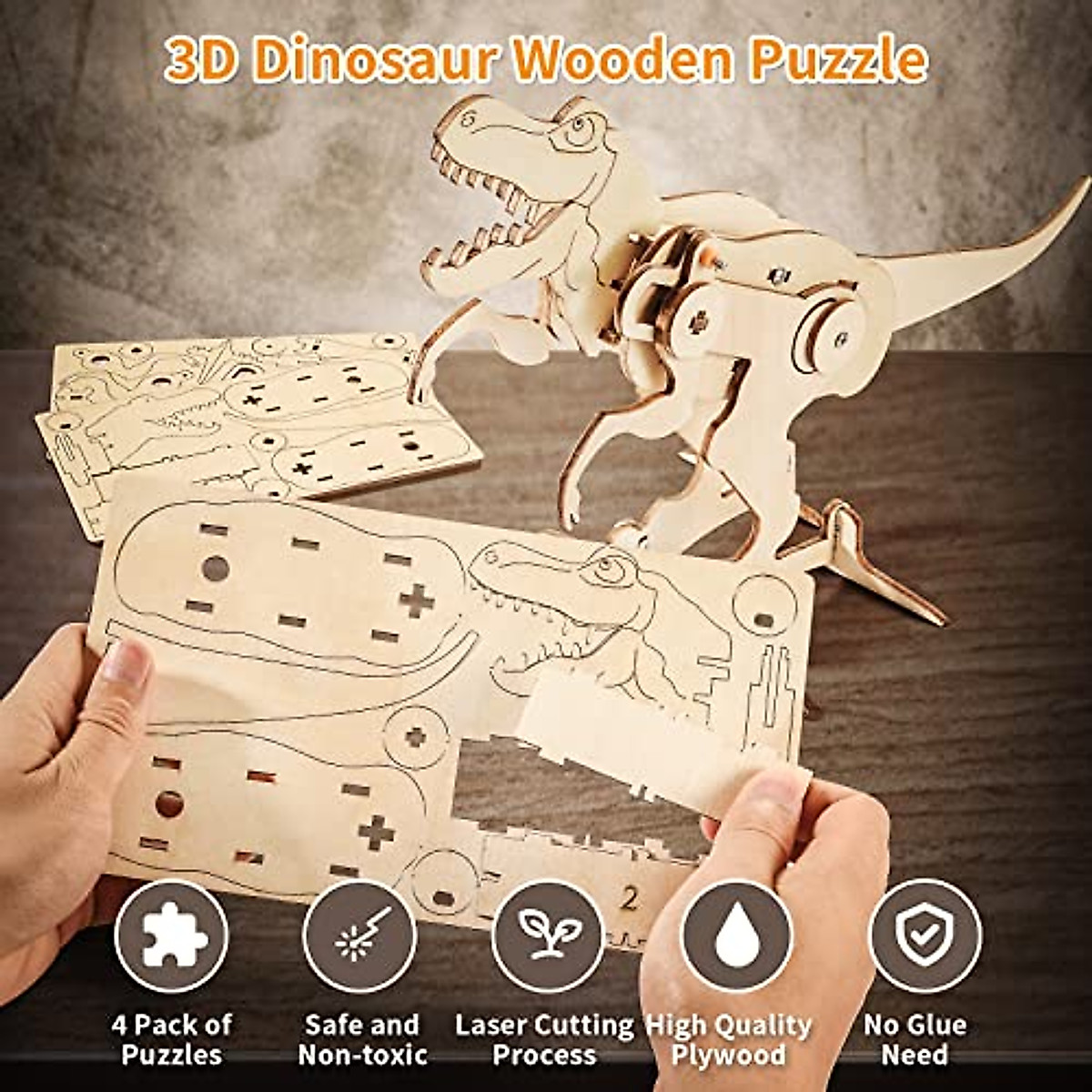 STEM Projects Kits for Kids Age 8-10-12, 4 in 1 3D Wooden Puzzles Dinosaur Craft for 6-8, Building Toys for Boys Ages 8-12, Wood Woodworking Model Kits, DIY Dino Robot Kit