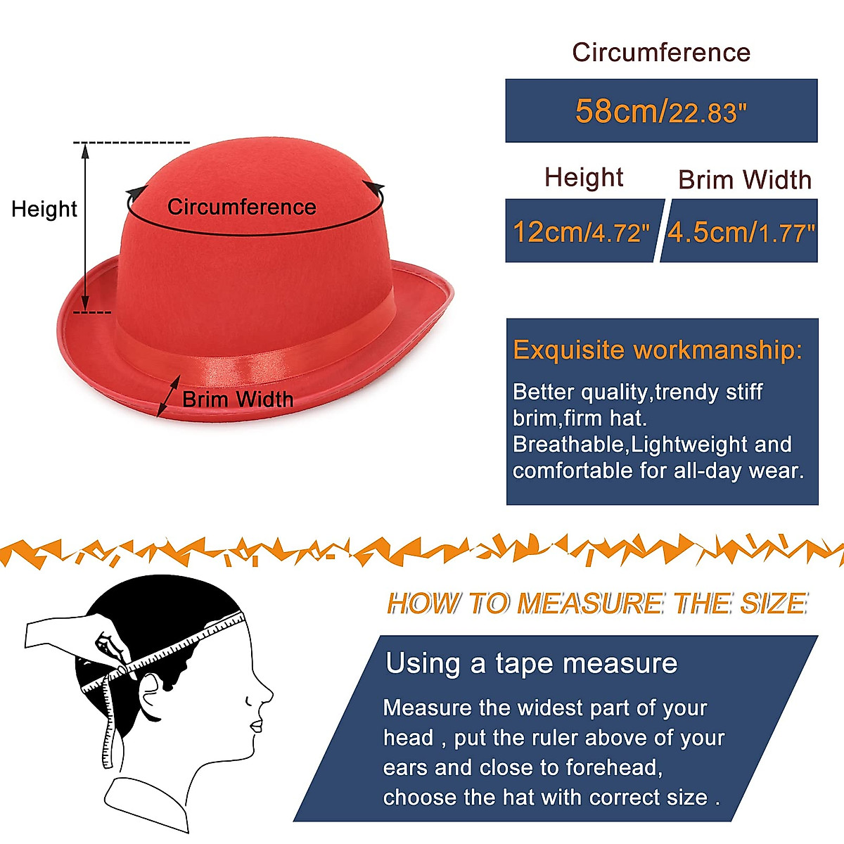 GEMVIE Classic Black Felt Derby Hat Lightweight Bowler Hat Novelty Costume Hat for Party Dress Ups Red