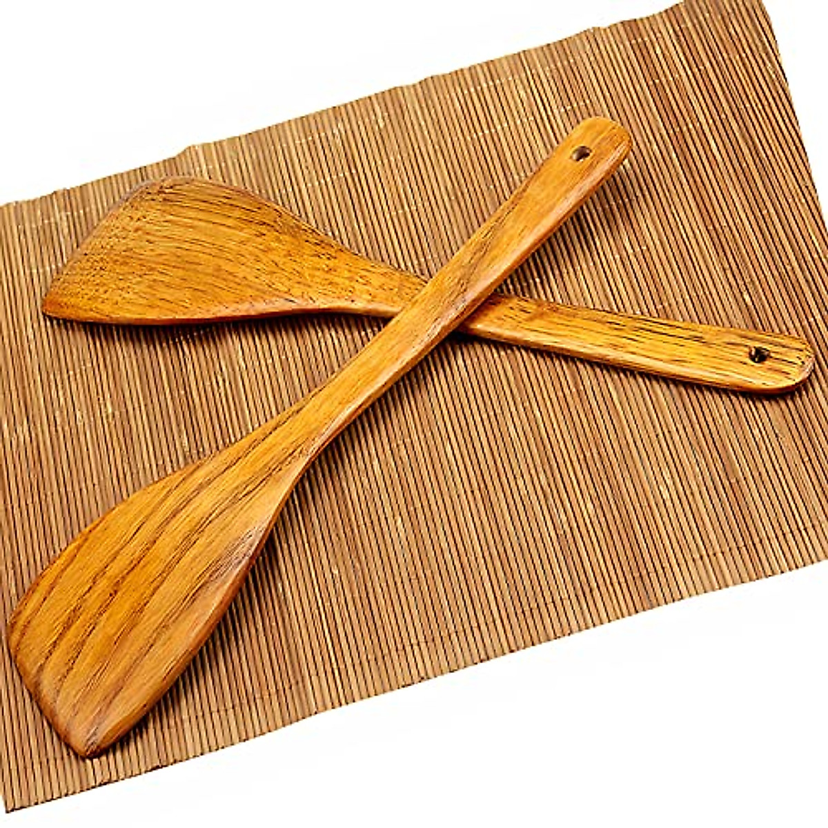 Wooden Spatula for Cooking - 12 Inch Premium Utensils Long Handled, Kitchen Spurtle Set Ideal for Pan and Wok - Wood Turner, Corner Spatula, Spoons, Scraper, Frying Pack of 2
