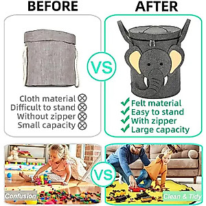 Foldable Toy Storage Basket with Play Mat, Children Toy Organizer with Anti Dust Lid, Portable Cartoon Drawstring Toy Storage Bucket, Quick Cleanup Container for Store Children's Toys (Elephant)