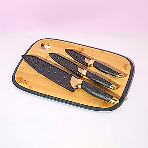 Paris Hilton Reversible Bamboo Cutting Board and Cutlery Set with Matching High Carbon Stainless Steel Knives, Blade Guards, Sleek Yet Comfortable Handle Grips, 7-Piece Set Gold, Charcoal Gray