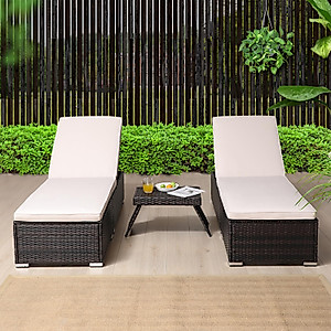 Asifom Outside Patio Adjustable Chaise Lounge and Side Table, Outdoor Wicker Lounge Chairs with Coffee Table, Folding Chaise Lounger with Cushions and Table for Poolside Deck Lawn Beach Yard Pool