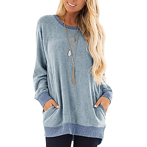 GADEWAKE Womens Casual Color Block Long Sleeve Round Neck Pocket T Shirts Blouses Sweatshirts Tops Gray Blue