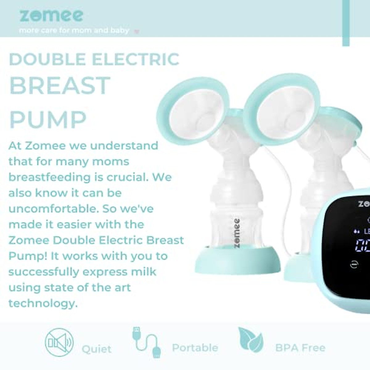 Zomee Z1 Double Electric Breast Pump | Milk Flow Stimulating Massage Mode and 9 Comfortable Suction Levels | LCD Screen | Rechargeable | Portable