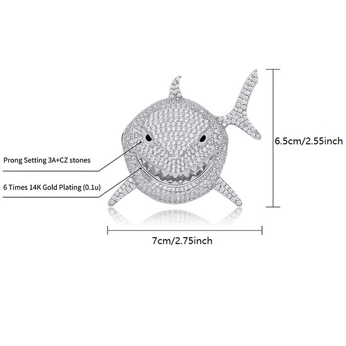 Xikui Diamond Necklace Chain, 18K Gold Plated Hip Hop Shark Pendant with Cuban Chain Width 13MM Length 19.7in(50cm) for Men/Women(silver)