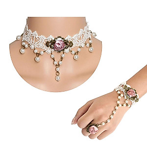 Eigso 2 Pcs White Lace Choker Bracelet Set for Women Vintage Punk Goth Necklace with Pink Rose Ring