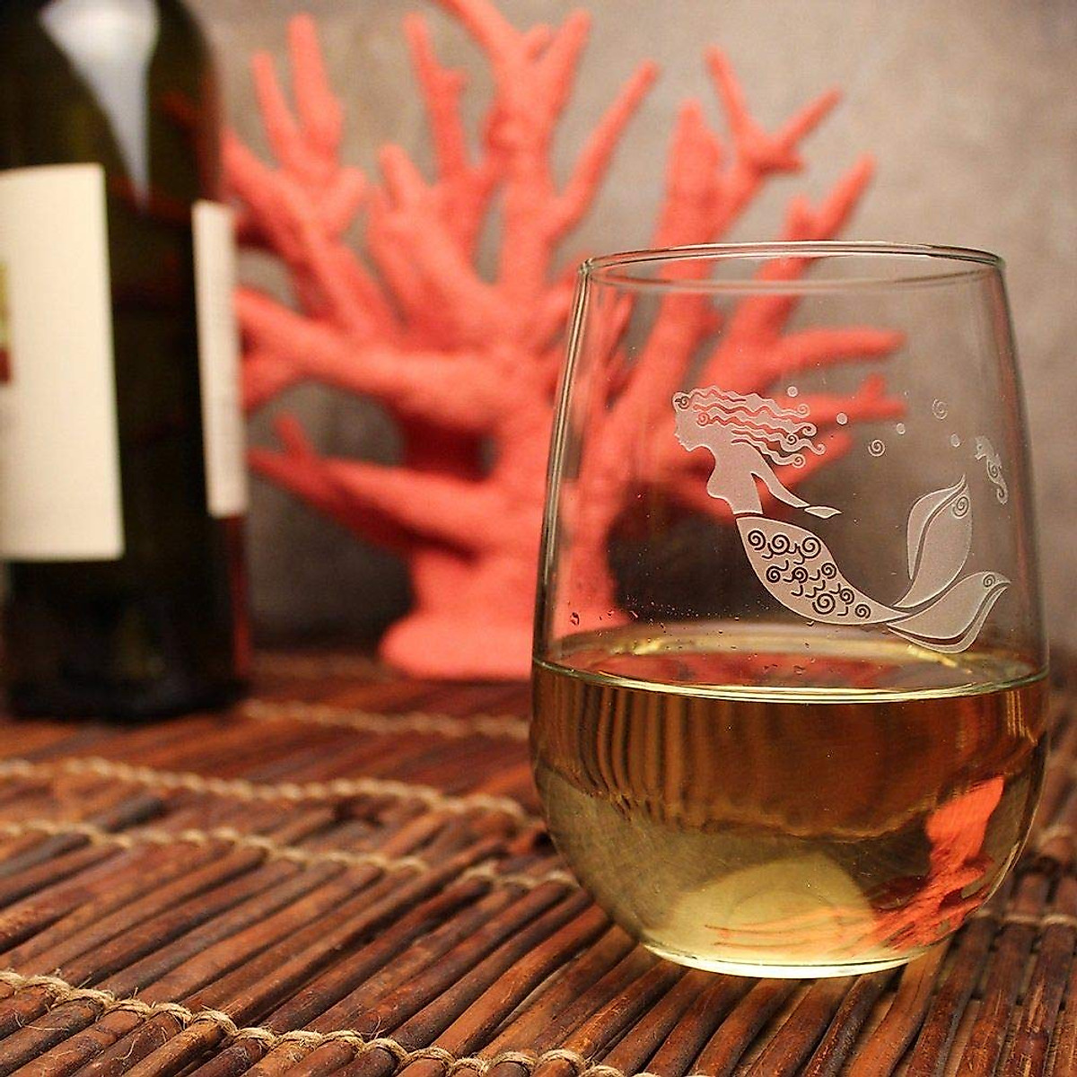 Rolf Glass Mermaid Stemless Wine Tumbler 17 ounce - Stemless Wine Glasses Set of 4 - Lead-Free Glass - Etched Tumbler Glasses - Made in the USA