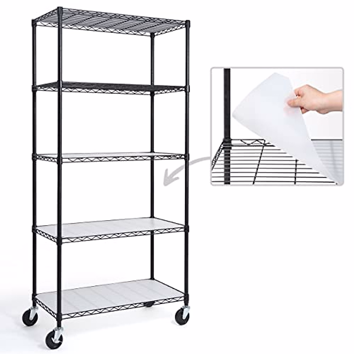 CAPHAUS NSF Commercial Grade Heavy Duty Wire Shelving w/Wheels, Leveling Feet & Liners, Storage Metal Shelf, Garage Shelving Storage, Utility Wire Rack Storage Shelves, w/Liner, 36 x 18 x 76 5-Tier