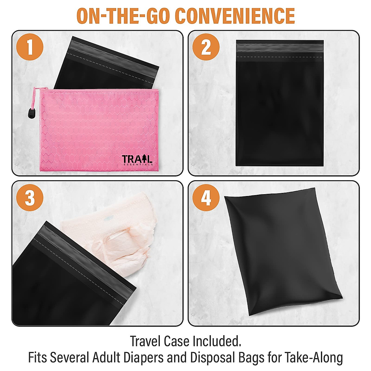 Trail Essentials Adult Diaper Disposal Bags - Tape-Seal, Large, Black Opaque Disposal Bags for Adult Diapers, Incontinence Underwear and Personal Hygiene Products (Pink)