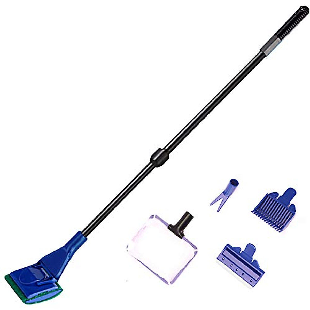 JZMYXA Aquarium Cleaning Tools Kit 5 in 1 Function for Long Deep Fish Tank, Adjustable Length Rod, Including Algae Scrape, Cleaning Sponge, 3.9" Small Fishnet, Gravel Rake, Plant Fork