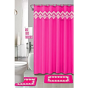 Empire Home 18 Piece Vibrant Diamond Bathroom Set Bath Rugs Shower Curtain Hooks & 3pc Towel Set (Hot Pink)