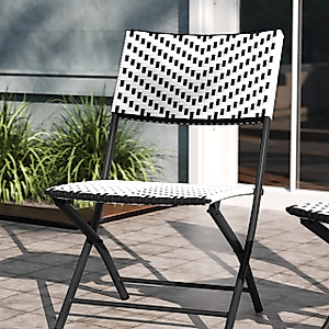 EMMA + OLIVER Ciel Two Piece Folding Bistro Chairs - Black and White PE Rattan - Black Metal Frames - Indoor/Outdoor Use