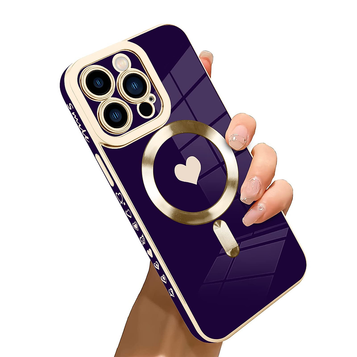 Bonoma for iPhone 13 Pro Max Case [Support Magsafe] Love Heart Pattern Magnetic Plating Electroplate Luxury Elegant Case Camera Protector Soft TPU Shockproof Protective Corner Back Cover -Purple