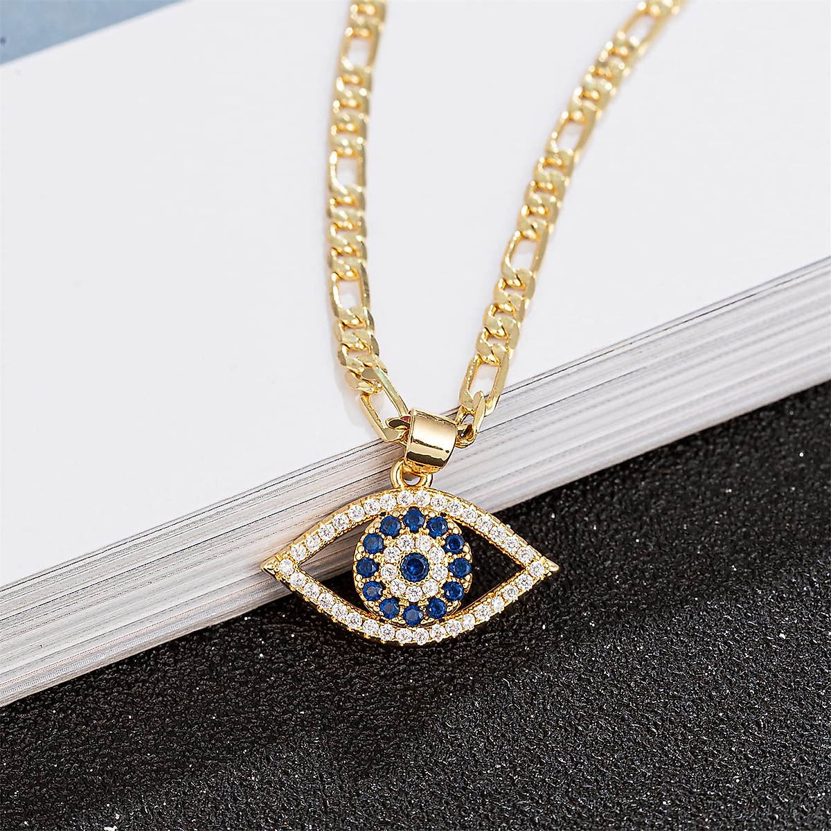 kelistom Evil Eye Necklace for Women | 18K Gold Plated Cubic Zirconia Inlay Evil Eye Pendant Necklace | 3mm Figaro Chain Necklace 18/22 inches (length: 18", eye-1)