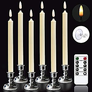 Wondise Window Candles Battery Operated with Remote and Timer, 3D Wick Ivory Taper Candles with Silver Holders and Suction Cups for Christmas Decoration, Set of 6(D0.8 x H10 inch)