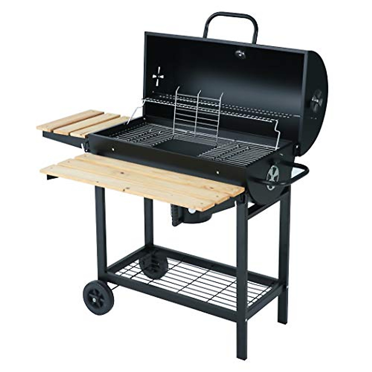 SUNCHIEF 613 Square Inches Heavy Duty Trolley Charcoal BBQ Grill Outdoor with Offset Smoker & Foldable Wooden Shelf