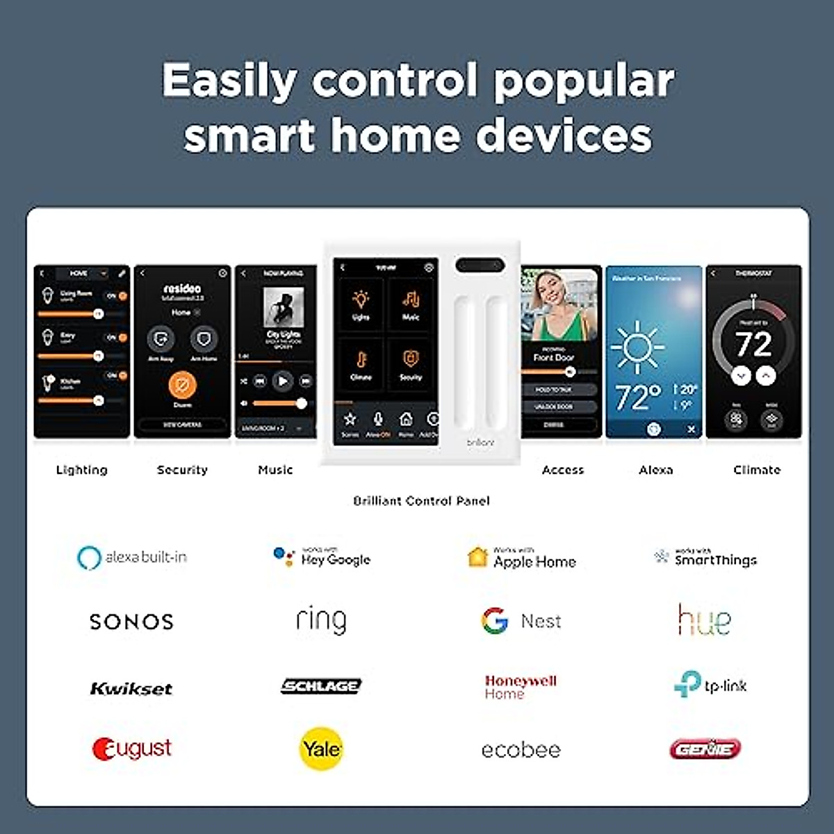 Brilliant Smart Home Control (1-Switch Panel) — Alexa Built-In & Compatible with Ring, Sonos, Hue, Google Nest, Wemo, SmartThings, Apple HomeKit — In-Wall Touchscreen Control for Lights, Music, & More