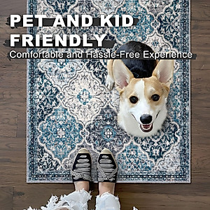 KILOCOCO 5x7 Area Rug, Moroccan Washable Living Room Rug, Vintage Rug Non-Slip, Large Print Faux Wool Throw Rug Indoor Kitchen Rug for Entryway Bedroom Office Carpet, Blue/Multi