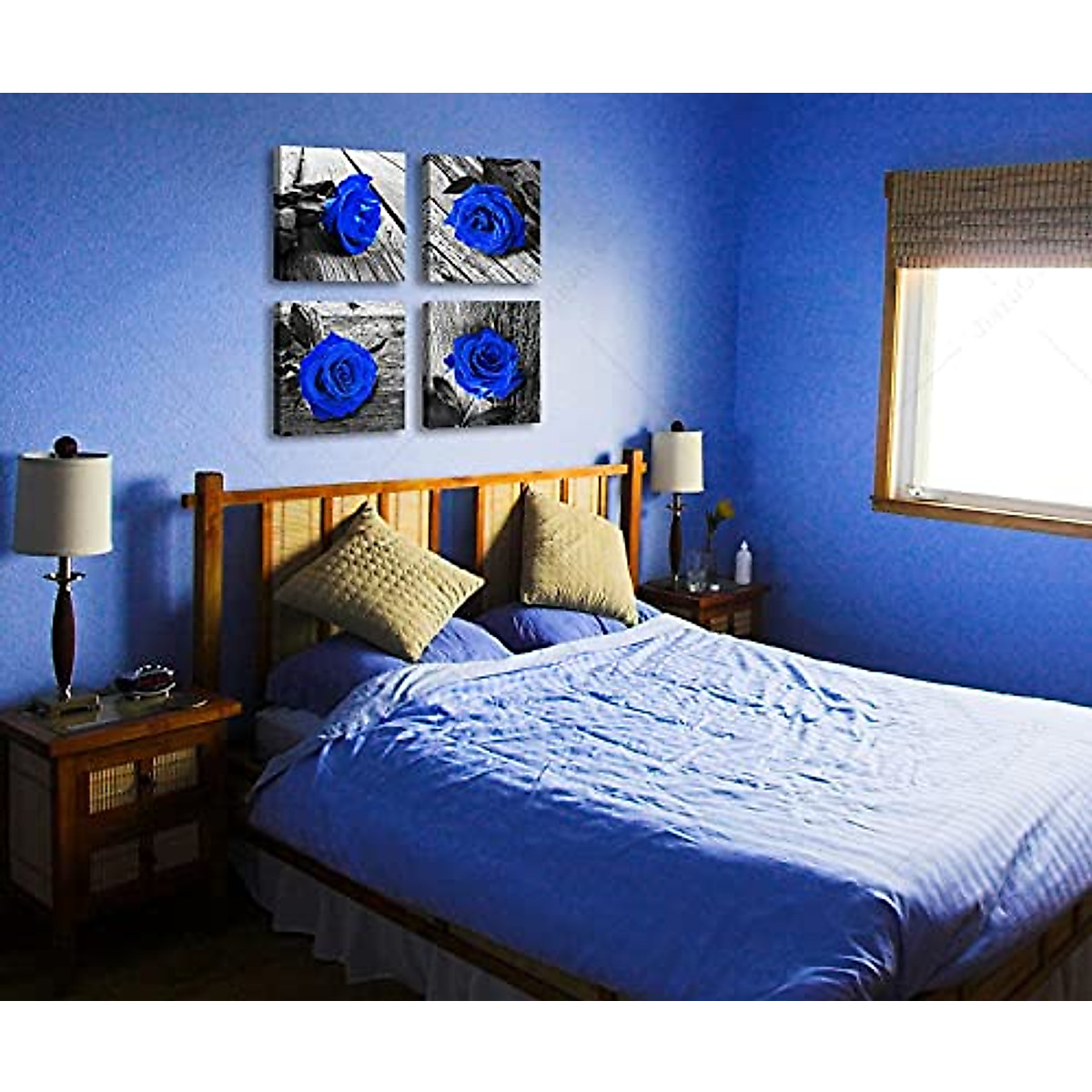 Canvas Wall Art Room Decorations Large Modern Black White Blue Rose Floral Pictures on Grey Valentine'S Day Framed Flower Paintings Decor Multi Panel Turquoise Artwork Living Women Bedroom