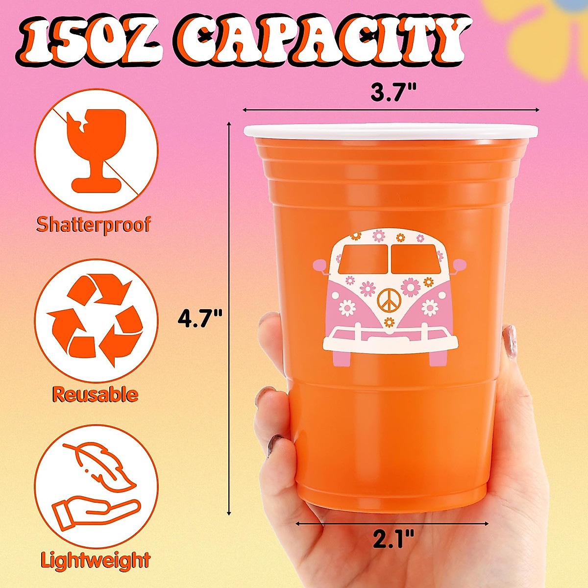 Nefelibata Retro Groovy Party Plastic Cups 48PCS Groovy 60s 70s Party Stadium Cups Bachelorette Bridal Shower Party Favors Decorations Birthday Reusable Party Cups Supplies 15OZ