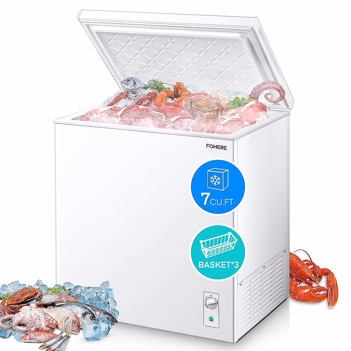 FOHERE 7.0 Cu.Ft Chest Freezer, Compact Deep Freezer with Three Removable Basket, Free Standing Top Open Door, Adjustable Temperature, For Kitchen Garage Office Bar, White