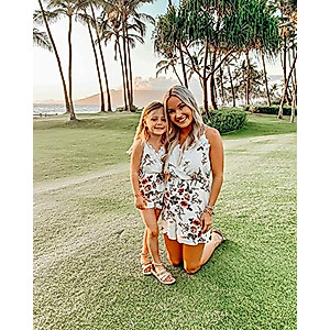IFFEI Mommy and Me Matching Jumpsuit Outfits Floral Printed V Neck Romper Beachwear White 6-7 Years