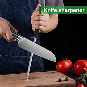 BAERFO Kitchen Knife Block Sets for Stainless Steel (6pcs Kitchen Knife Set with Stand) with Sturdy Knife,Santoku Chef Knife,Utility Knife and Knife Sharpener,Kitchen Scissor that Chef Knives Set