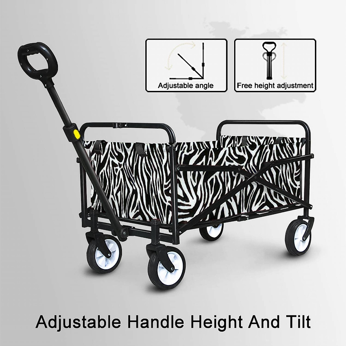 Outdoor Collapsible Wagon Zebra Fur Stripe Skin Animal Repeating Texture Black White Seamless Camping Shopping Garden Cart Heavy Duty Wagon Adjustable Portable Utility Folding Wagon with Wheels