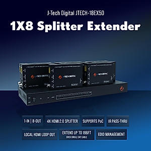 HDMI 2.0 4K Extender Splitter Over Single Cable CAT6 with PoC Up to 196 FT 1-in 8-Out w/Local Loop Output & Low Latency by J-Tech Digital [JTECH-18EX50]